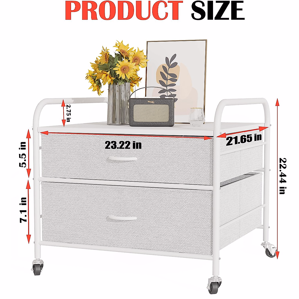 Alavoco 2 Drawer Dresser, 120LBS Fabric Storage Tower, 2 Drawer Storage Cart, Mini Fridge Stand with Storage, Metal Frame Iron Top, 4 Swivel Wheels for Home Kitchen, White