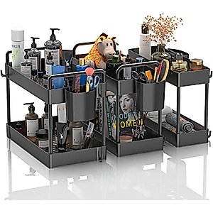 Warmodern 3 Pack Bathroom Organizer Under Sink,2 Tier Bathroom Cabinet Organizer, Bathroom Organizer Under Sink Baskets with 24 Hooks and 6 Hanging Cups, Multifunction Under Cabinet Storage