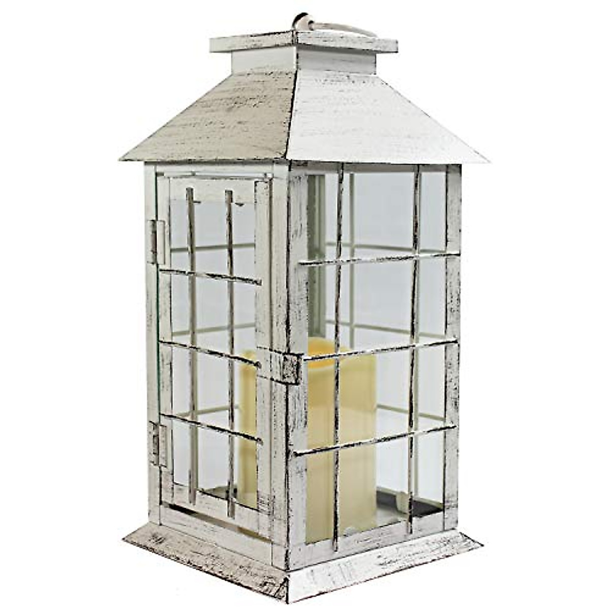 Seraphic Country Style Farmhouse Rustic Decorative Metal Lanterns with Flickering Flameless LED Candle, White
