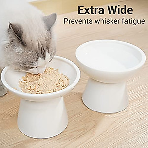 CEEFU 2 Extra Wide Raised Cat Food Bowl, Elevated Anti-Vomiting Cat Feeder Whisker Stress-Free Dog Two Bowls Ceramic Cat Feeding Bowls White