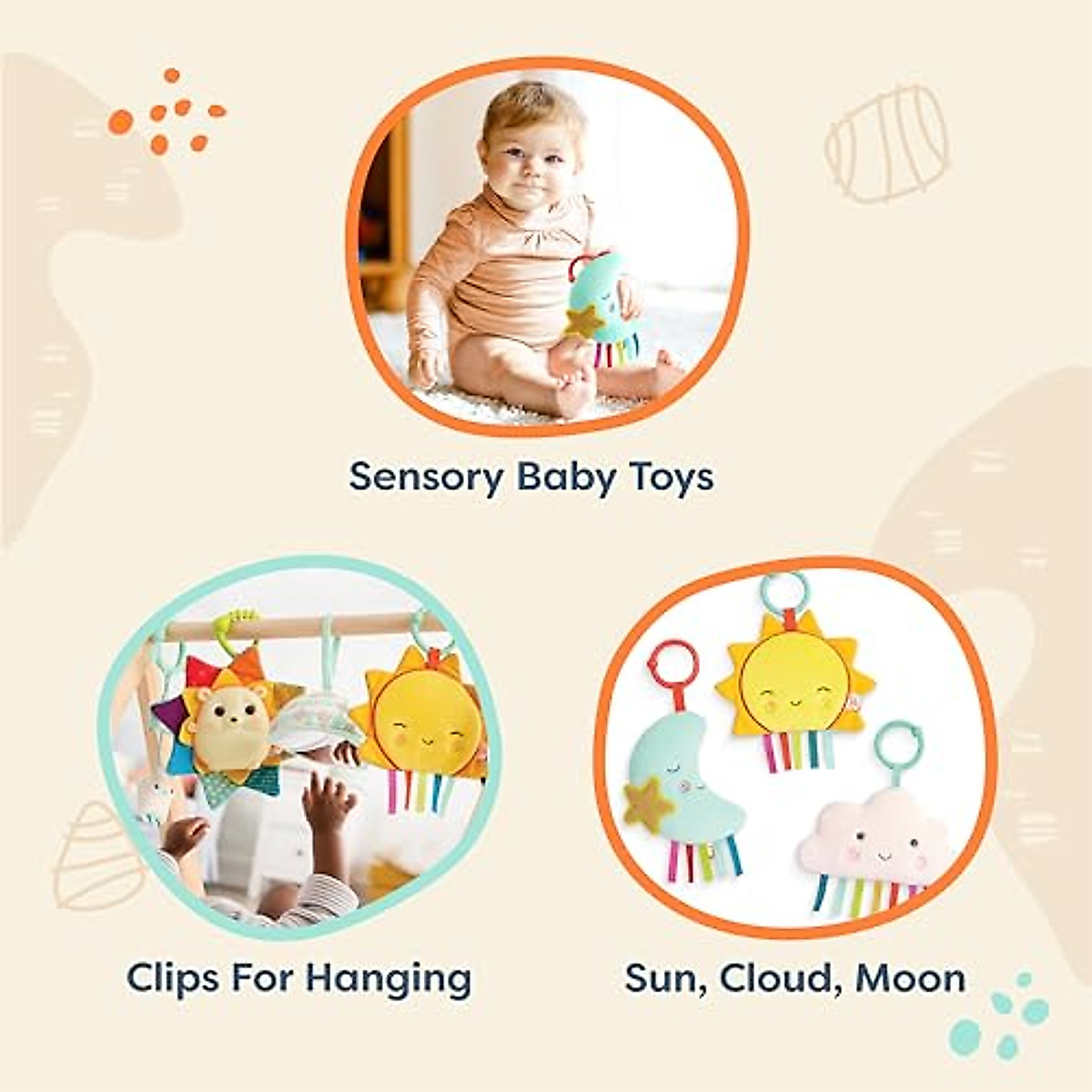 B. baby – 3 Sensory Baby Toys – Crinkle Toys For Newborns, Infants – Hanging Toys For Car Seat, Stroller, Crib – Sun, Cloud, Moon – 0 Months + – Crinkly Wonders