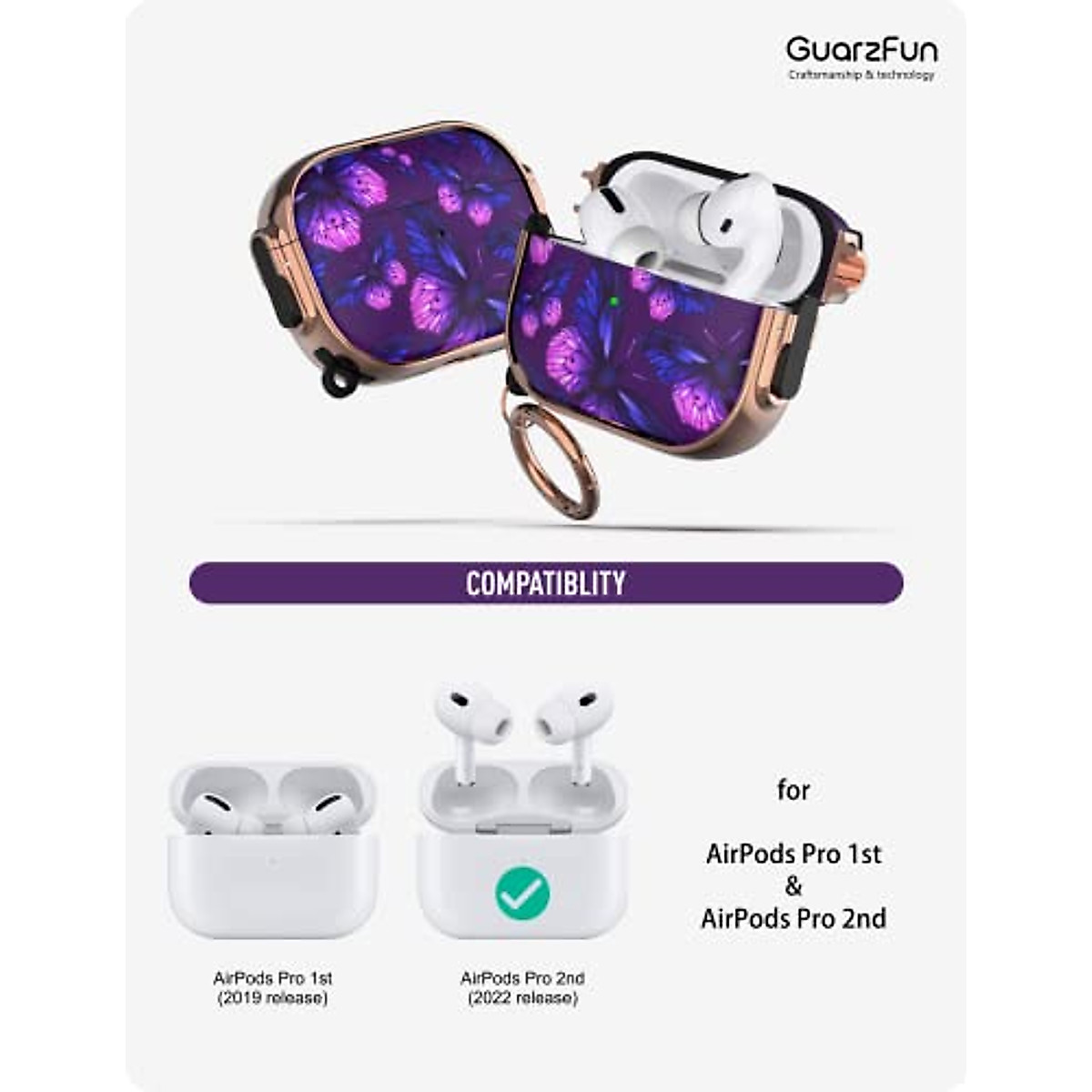 GuarzFun case for AirPods Pro 2 & AirPod Pro, AirPod Pro case with Lock, AirPod Pro 2 case for Women Man (Purple Butterfly)