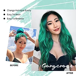 Lativ Long Wavy Wig for Women Ombre Green Middle Part Wigs Teal Wigs Long Curly Synthetic Heat Resistant Hair with Natural Hairline for Cosplay Party Everyday Use