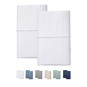 Feather & Stitch 100% Cotton 1 Piece Damask Stripe Queen Fitted Sheet 500 Thread Count White- Sateen Weave with 2 Extra Pillow Cases