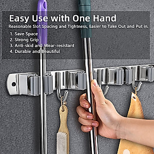 HANZENMA Broom Holder Wall Mount, Broom Organizer Wall Mount Stainless Steel Broom and Mop Hanger Heavy Duty Storage Organization for Home Kitchen Garden Garage Room 5 Racks 4 Hooks Grey