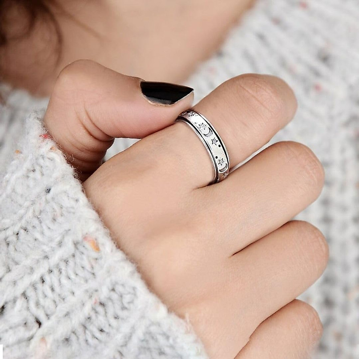 Shop LC 925 Sterling Silver Fidget Ring Men Spinner Ring Moon Star Anxiety Ring for Women Wedding Band Platinum Plated Statement Jewelry Stress Relief Bridal Engagement Rings Size 8 Birthday Gifts