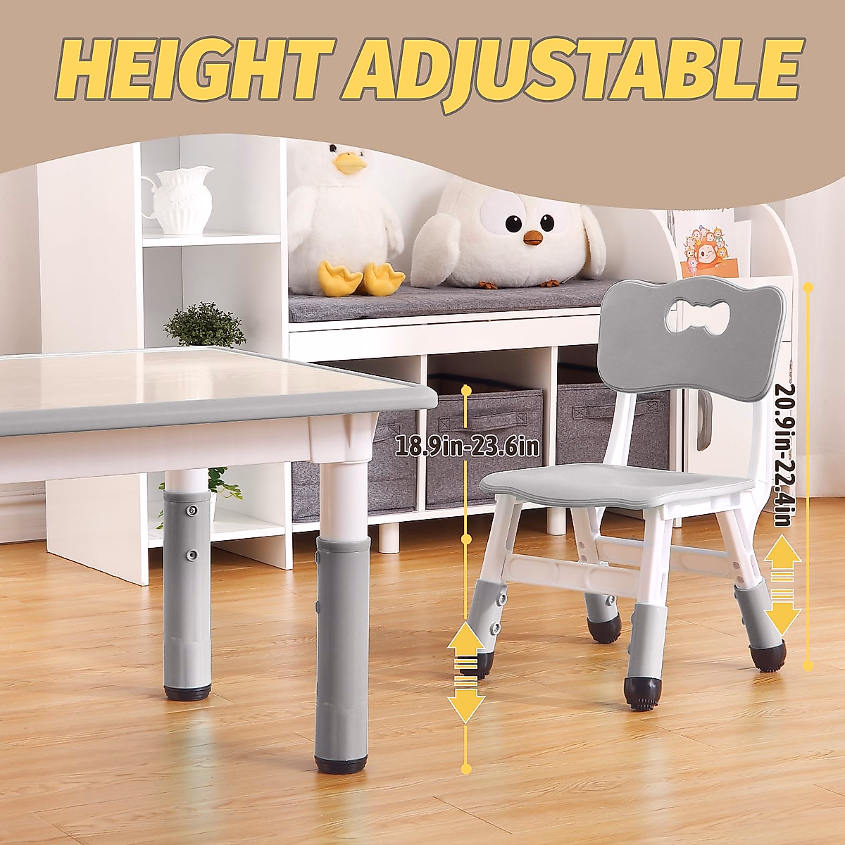 GarveeHome Kids Table and 6 Chair Set - Height Adjustable, Multifunctional Desk, Ergonomically Designed Chairs, Max 300lbs, for Ages 2-10, Classroom, Daycares, Home