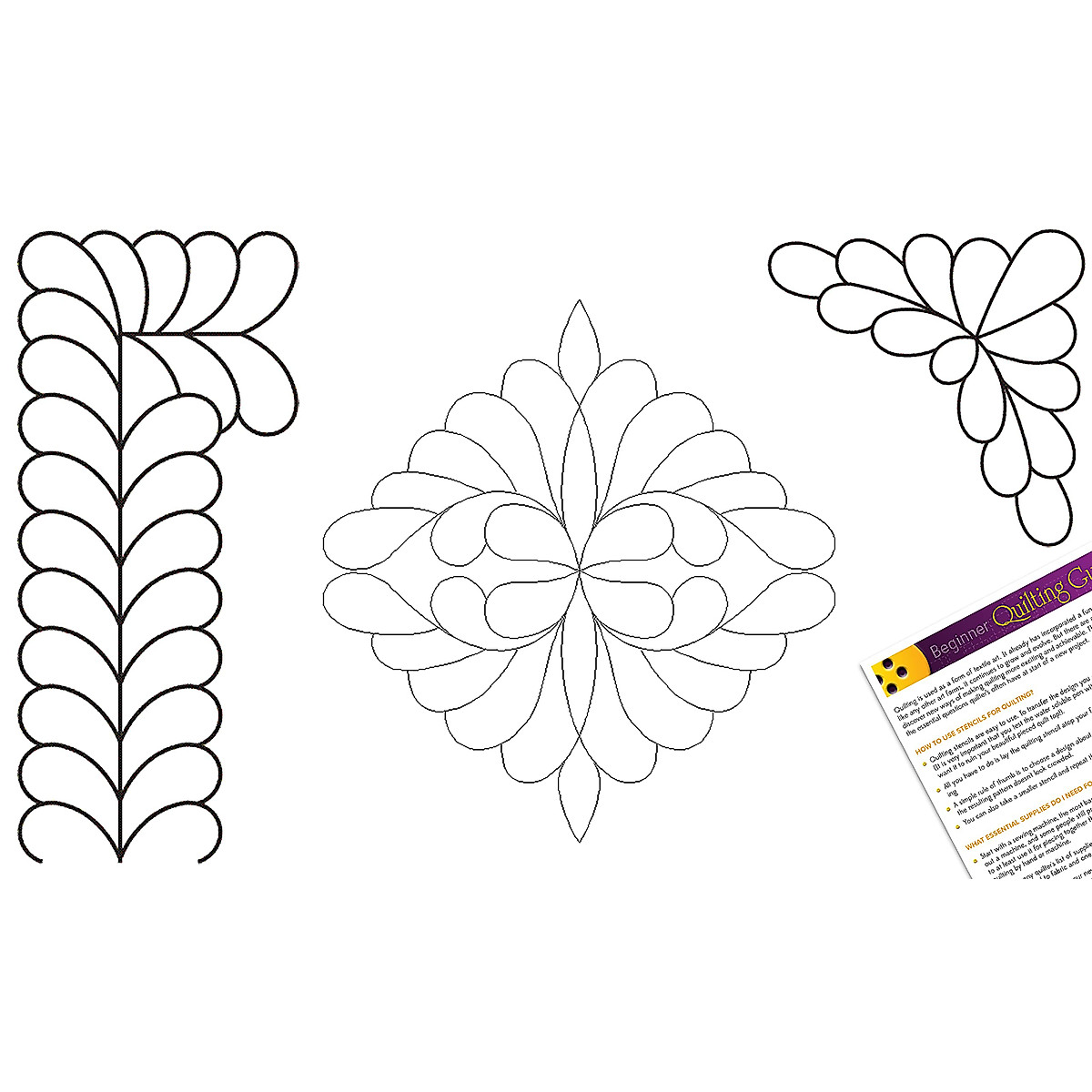 Border and Corner Feather Quilting Stencils - with Square Block Stencil - 3 Quilting Plastic Quilt Stencil Set for Borders, Background, Patterns - for Machine and Hand Quilting - with Guide