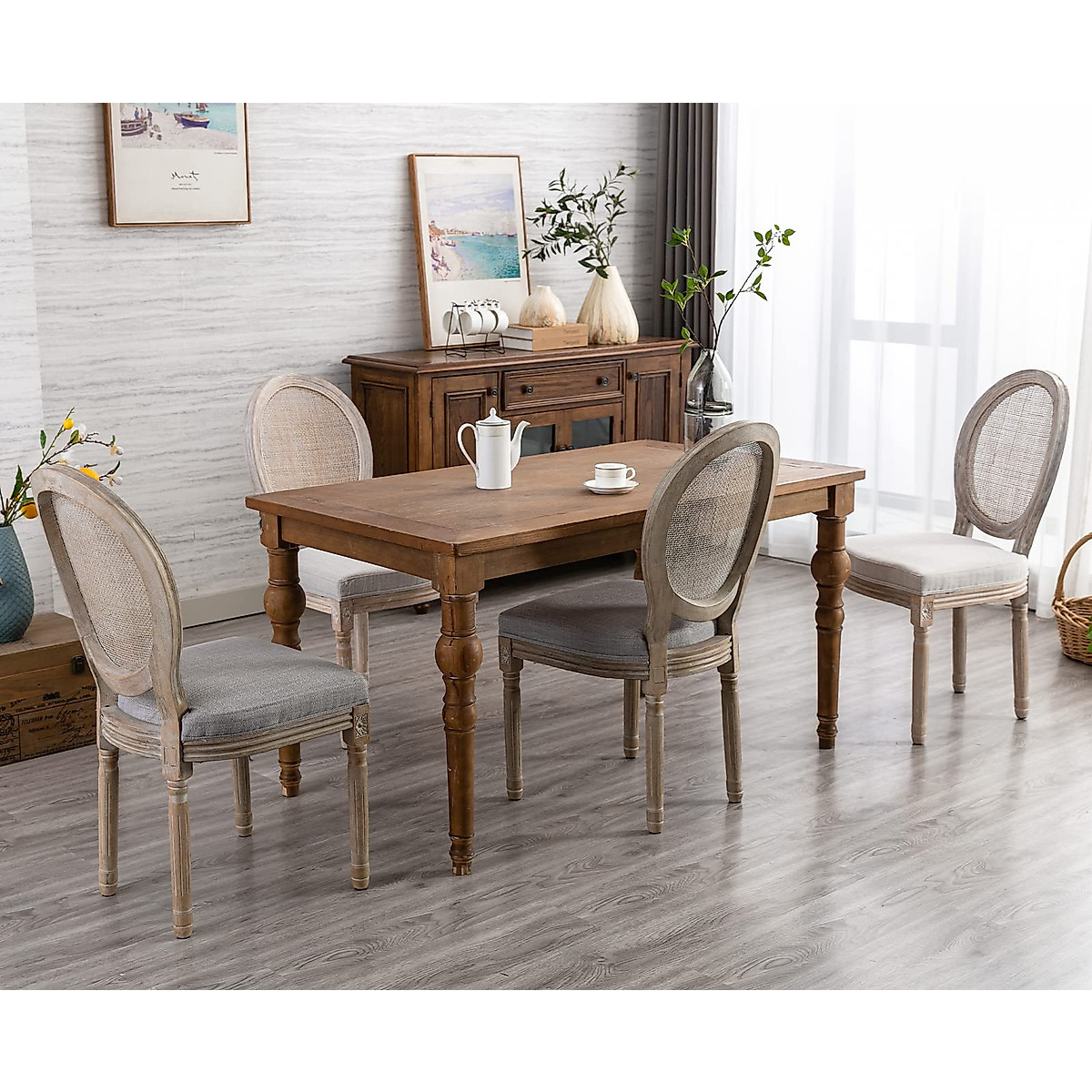 Kmax Farmhouse Dining Room Chairs, Fabric French Distressed Bedroom Chairs with Round Rattan Back, Elegant Tufted Kitchen Chairs, Set of 4, Beige