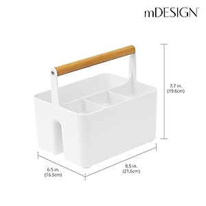 mDesign Plastic Portable Storage Organizer Kitchen Caddy Tote, Divided Bin w/Wood Handle for Napkins, Silverware, Forks, Knives, Spoons - Store in Cabinets, Counters - Aura Collection - White/Natural