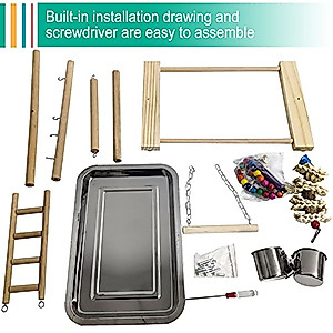 Hamiledyi Bird Playground Parrots Play Stand Natural Wooden Parrot Perch Gym Playpen Pet Parakeet Ladders with Feeder Cups for Cockatoo Conure Cockatiel Cage Accessories Exercise Toy (Include a Tray)