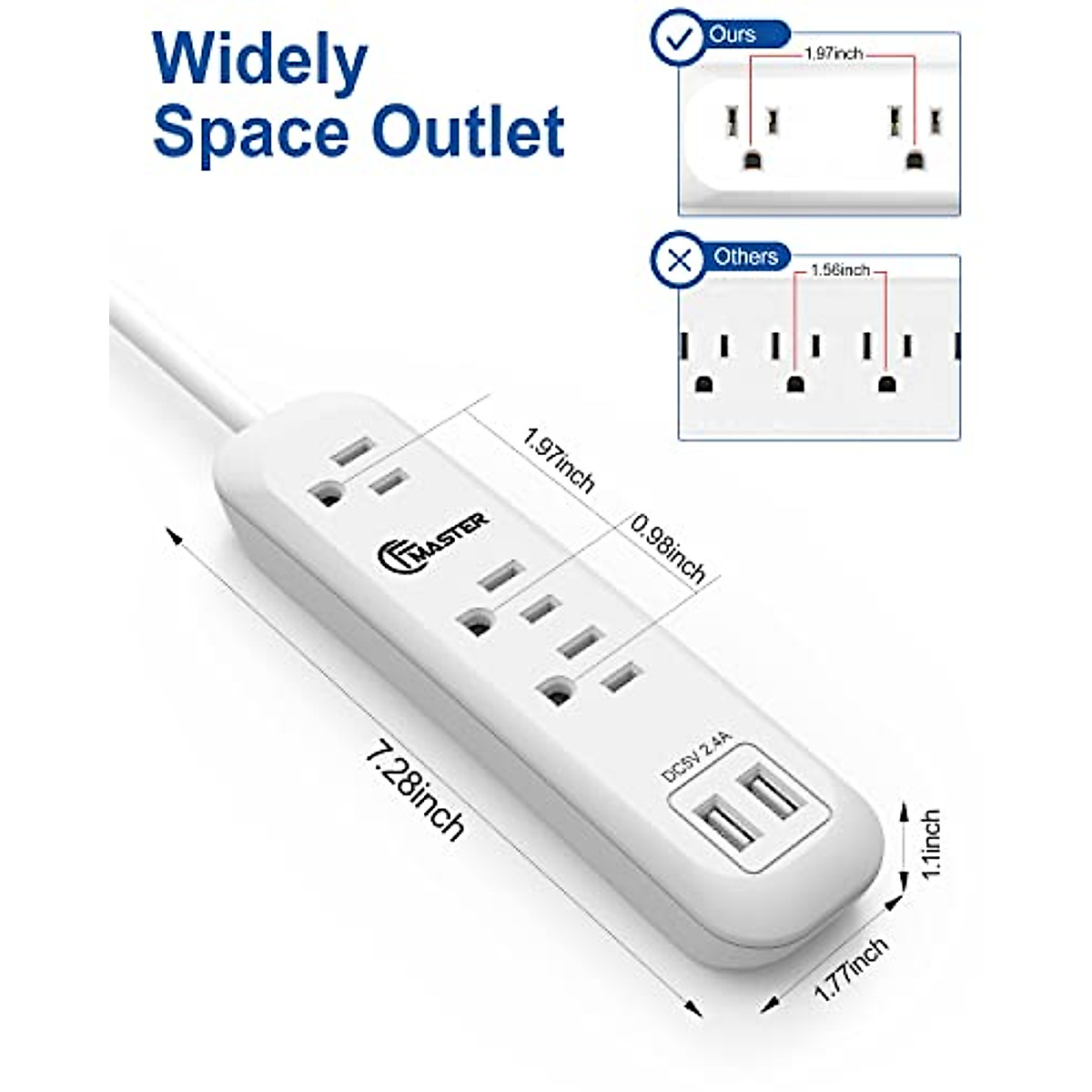 USB Power Strip Surge Protector Long Extension Cord 6 feet, 3 Outlets, 2 USB Ports (2.4A/12W), Overload Protection, Mountable Power Strip for Home Office, 1250W/10A, SGS Listed, White