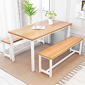 Recaceik 3-Piece Dining Table Set for 4, 43'' Dining Room Table Set with 2 Benches, Space-Saving Dinette Table with Metal Frame & MDF Board, Breakfast Table for Kitchen, Dining Room, Walnut