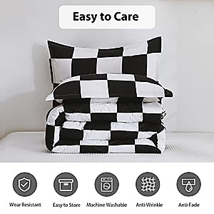 LUCKYBULL Comforter Set Twin Bedding Set Fluffy Black Plaid Down Alternative Comforter, Checkered Soft Textured Comforter with 1 Pillowcase All Seasons, Black and White 2 Piece