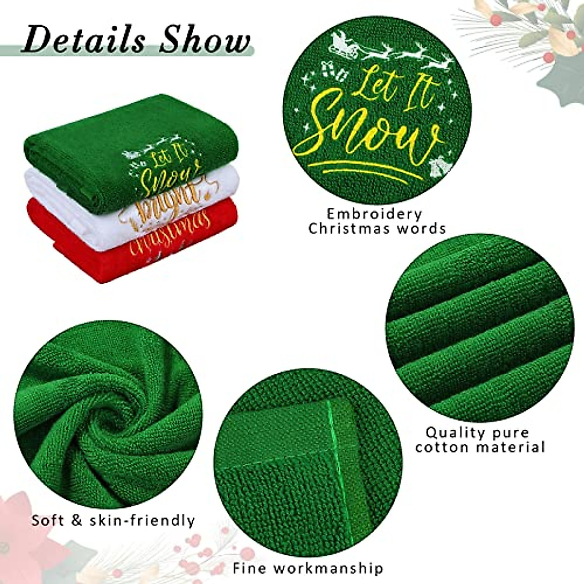 Shojoy 3 Pack Christmas Hand Towels 100% Cotton Large Size 25 x 14 Inch Christmas Theme Embroidery Towels for Christmas Home Bathroom Kitchen Decor (Red, Green, White)