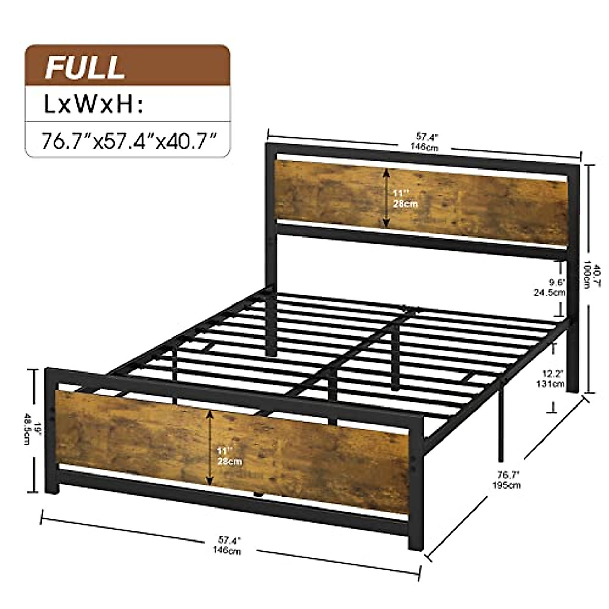 Codesfir Full Size Bed Frames with Wood Headboard and Footboard, Heavy Duty Platform Bed Frame with Storage, No Box Spring Needed, Solid and Stable, Noise Free, Easy Assembly, Vintage Brown