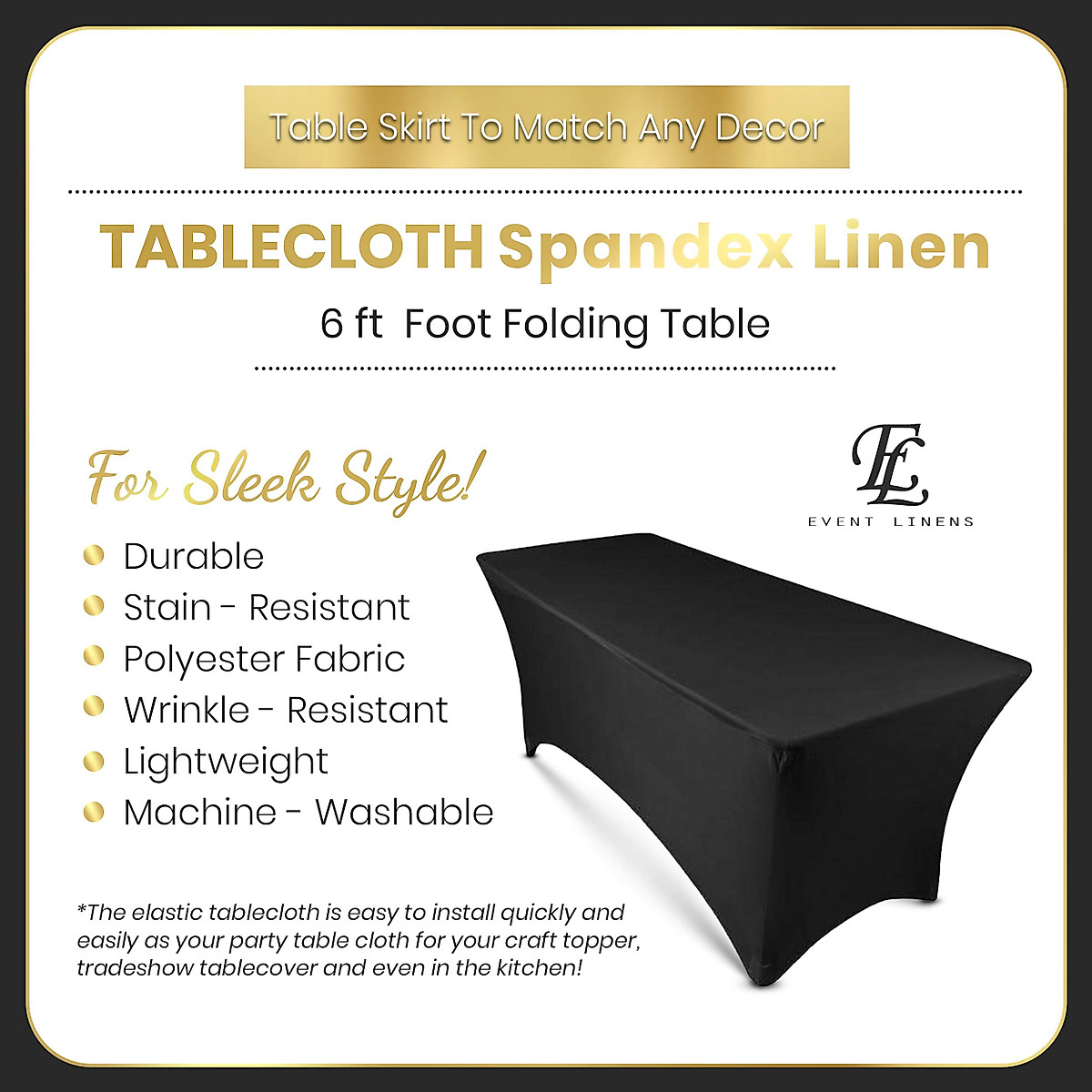 Premium Collection 6ft Tablecloth Rectangular Spandex Linen - Black Table Cloth Fitted Cover for 6 Foot Folding Table, Wedding Linens Banquet Cloths Rectangle Covers (2 Pack)