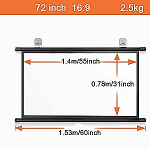 TOCTUS Video Projection Screen HD Portable Projector Screen for Indoor Outdoor, 60 Inch Wall/Ceiling Mount Projection Screen for Home Theater Movie TV, Wrinkle-Free (Size : 72inch 16:9)