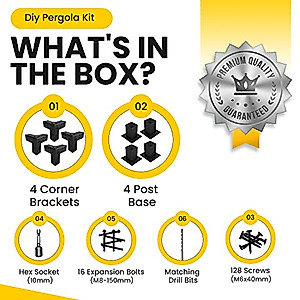 EZ Shades - DIY Pergola Brackets Kit for 4x4 Lumber, (4) Black Steel Corner Brackets and (4) Post Base,Powder Coated Pergola Hardware with Accessories. (EZFSG2)