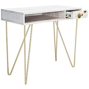 Safavieh Home Office Collection Raveena White Wash and Brass 1-Drawer Hairpin Leg Desk, 0