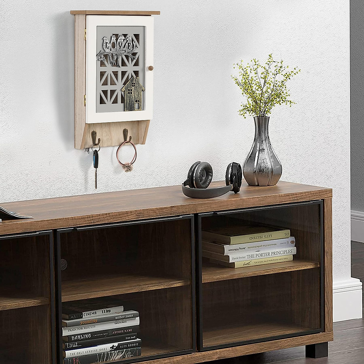 AHUONEL Wooden Key Holder for Wall Key Cabinet, Decorative Key Box Key Hooks Wall Mounted Key Hangers Key Storage Rack with 8 Hooks for Home Decor Office Entryway Hallway Bedroom Living Room