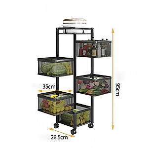 CLAYHU Rotating Storage Rack with Lockable Casters & Stainless Steel Removable Storage Basket Fruit and Vegetable Storage Rack for Kitchen Bathroom Storage Basket Rack Bedroom (Black, 5 Tier)