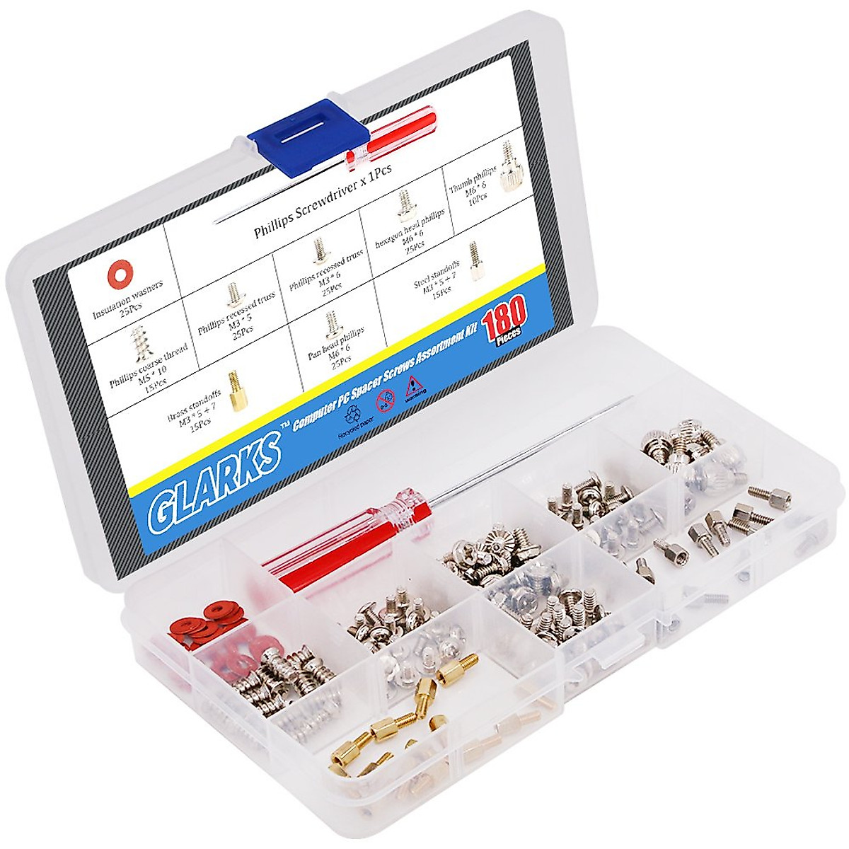 Glarks 180-Pieces Phillips Head Computer PC Spacer Screws Assortment Kit for Hard Drive Computer Case Motherboard Fan Power Graphics (Extra: Phillips Screwdriver)