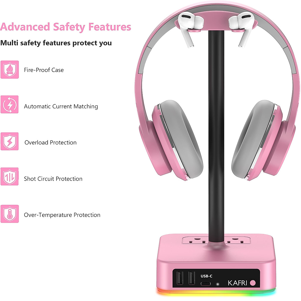 KAFRI RGB Headphone Stand with USB Charger Desk Gaming Headset Holder Hanger Rack with 3 USB Charging Port and 2 Outlet - Suitable for Gamer Desktop Table Game Earphone Accessories Girlfriend Gift