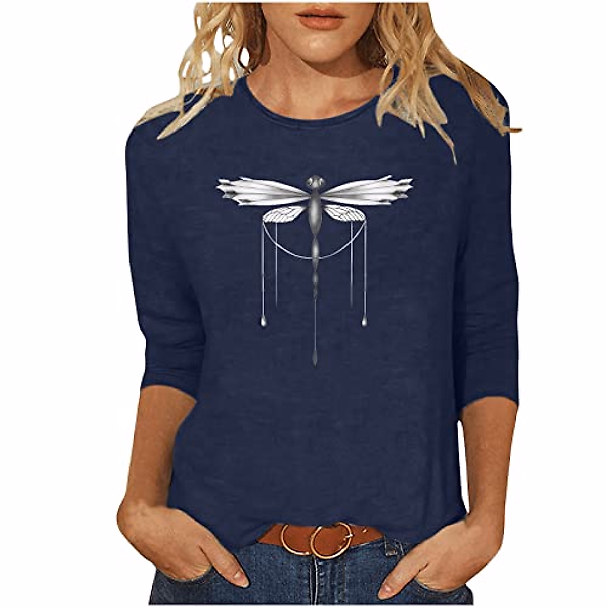 Womens Summer Fall Navy Dragonfly Dance Graphic Loose Fit Blouses for Women 3/4 Sleeve Crew Neck Lounge Dance Cosplay Tops Women FI 3XL for Women 2023 Winter Spring Fashion Trendy