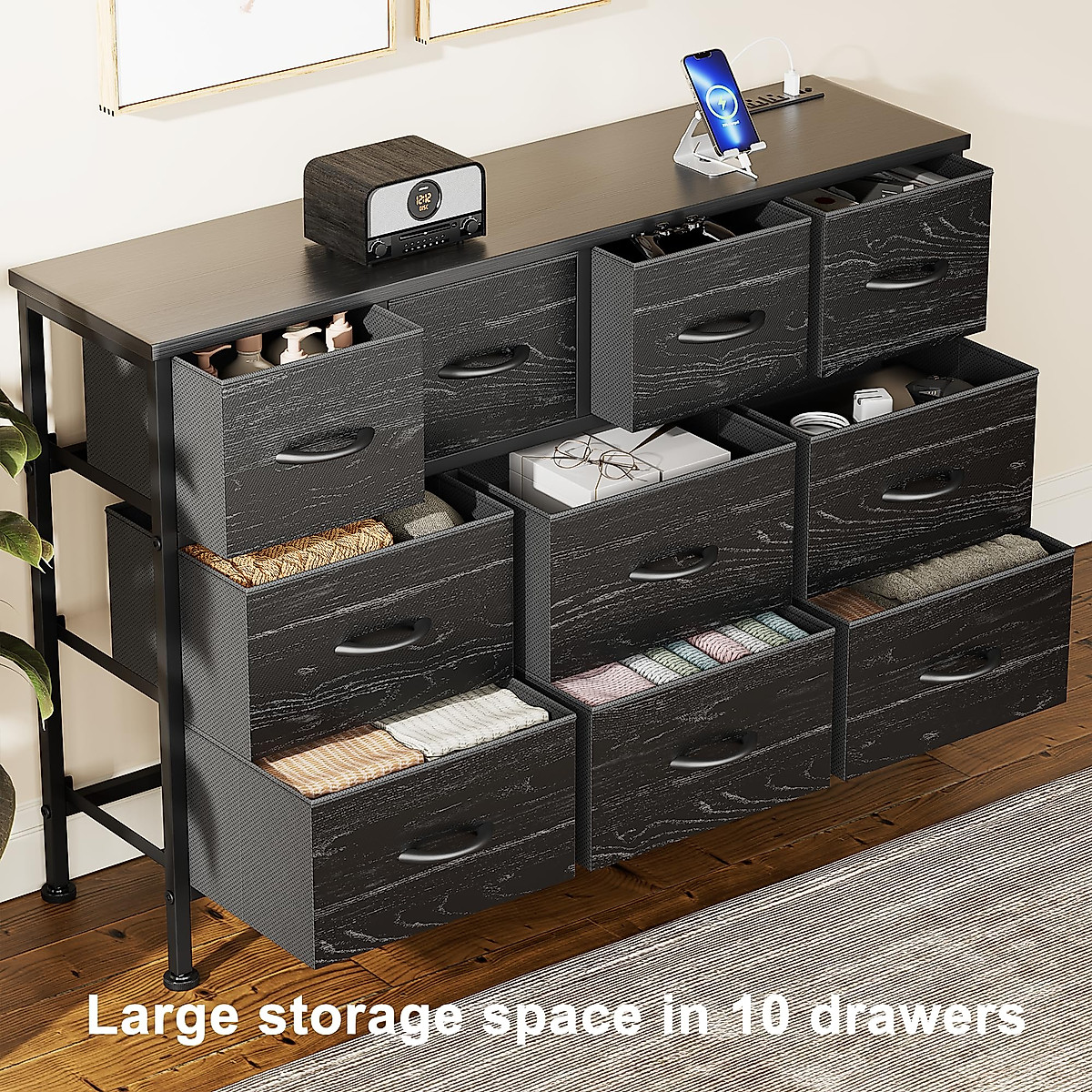 Lulive Dresser for Bedroom 10 Drawer Dresser TV Stand with Power Outlet, Entertainment Center Chest of Drawers for 55 Inch TV, Black Fabric Dresser for Bedroom Living Room Hallway Closets
