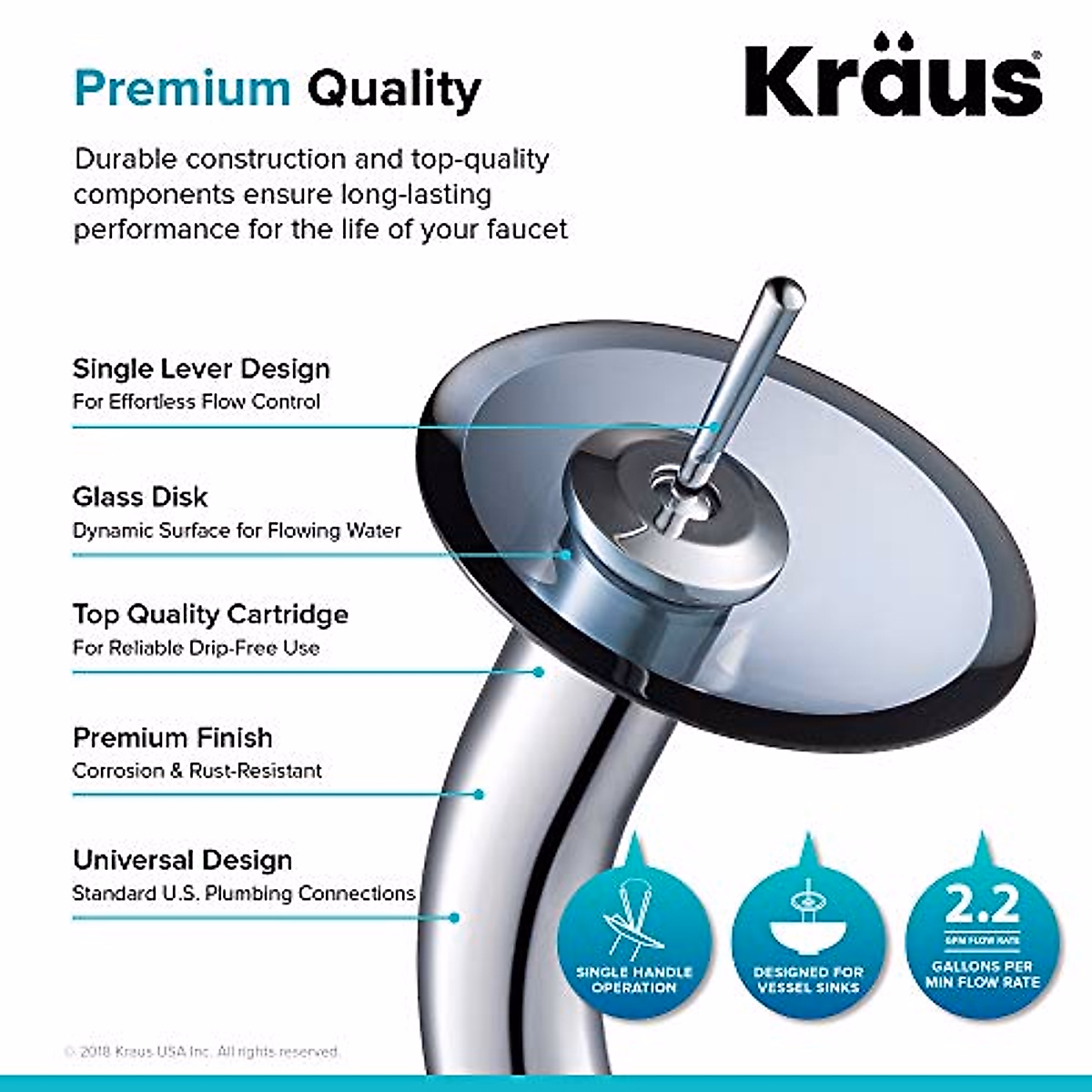 Single Lever Vessel Glass Waterfall Bathroom Faucet Chrome with Black Clear Glass Disk and Matching Pop Up Drain