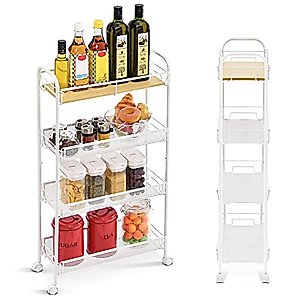 KINGRACK 4-Tier Slim Rolling Storage Cart with Wooden Tabletop,Skinny Mobile Kitchen Pantry Cart Metal with Wheels, Slide Out Utility Narrow Rolling Cart Easy Assemble for Tight Spaces, White