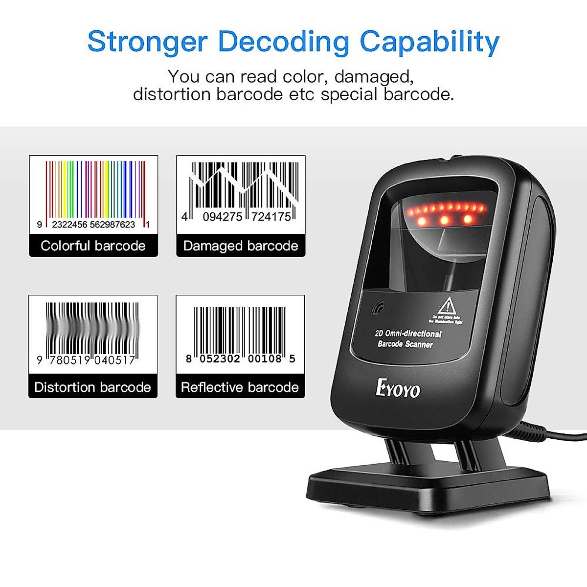 Eyoyo 1D 2D Desktop Barcode Scanner, Omnidirectional Hands-Free USB Wired Barcode Reader, Capture Barcodes from Mobile Phone Screen, Automatic Image Sensing for Supermarket Library Retail Store