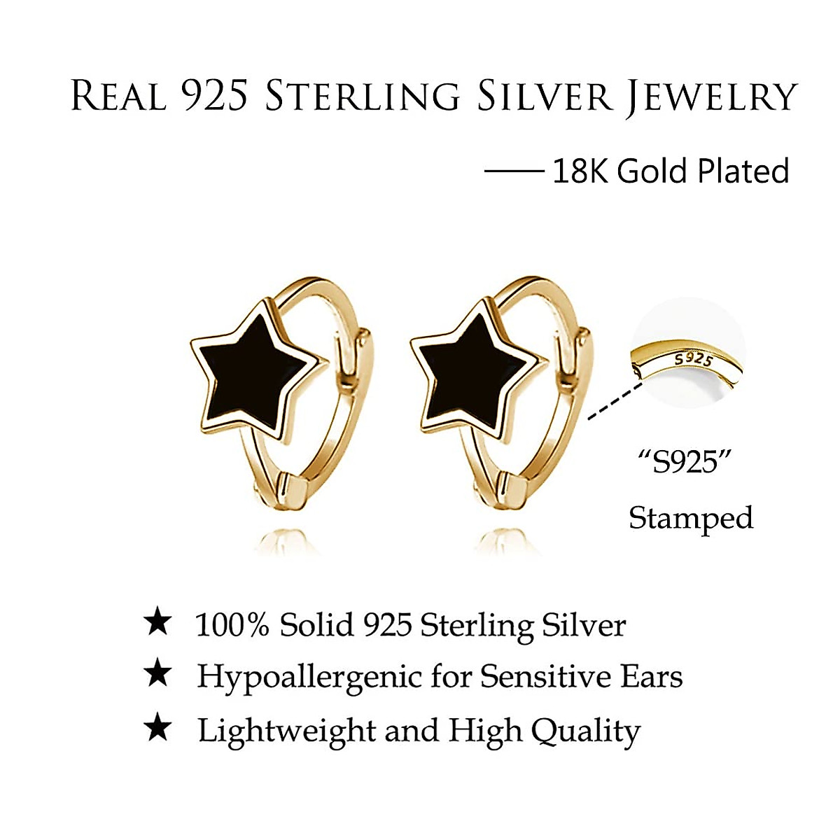 Reffeer Solid 925 Sterling Silver Black Star Huggie Earrings Hoops for Women Small Star Hoop Earrings Cartilage Helix Earrings (B-18K Gold)