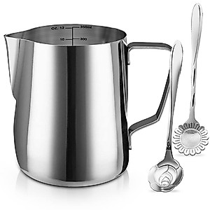 SIKEMAY Milk Frothing Pitcher Jug - 12oz/350ML Stainless Steel Coffee Tools Cup - Suitable for Espresso, Latte Art and Frothing Milk, Attached Dessert Coffee Spoons