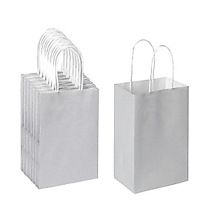 Oikss 50 Pack 5.25x3.25x8.25 inch Small Kraft Bags with Handles Bulk, Paper Bags Birthday Wedding Party Favors Grocery Retail Shopping Business Goody Craft Gift Bags Cub Sacks (Silver Grey 50 Count)