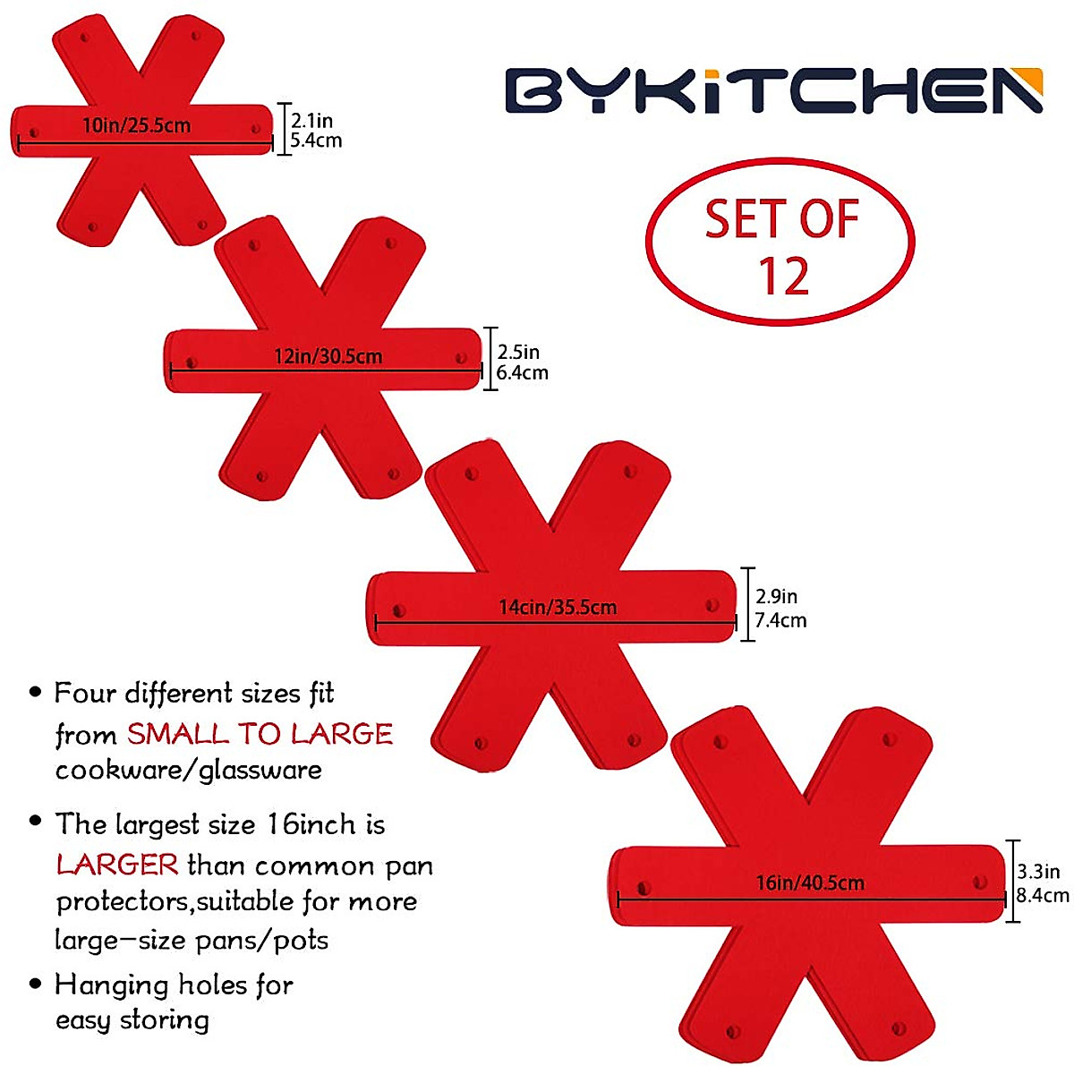 Pot Pan Protectors, Set of 12 and 4 Different Sizes, Larger & Thicker Red Pan Protector Pads, Pan Pot Separator Pads for Stacking and Protecting Your Cookware(10/12/14/16inch)