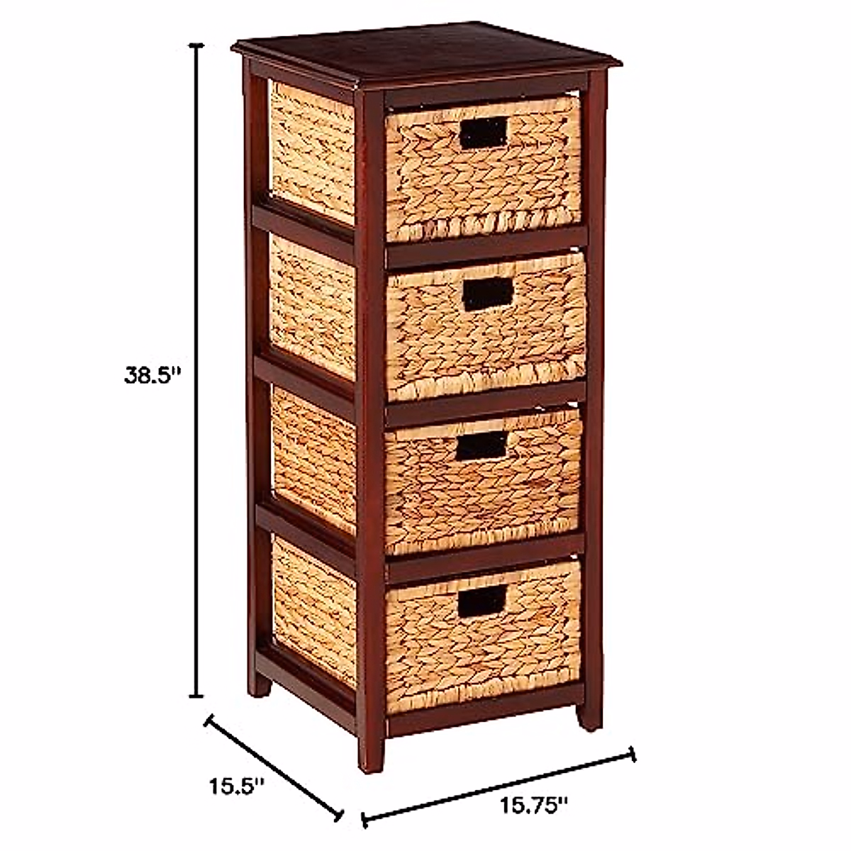 OSP Home Furnishings Seabrook Storage Tower with Solid Wood Frame and Natural Baskets, 4-Drawer, Espresso Finish