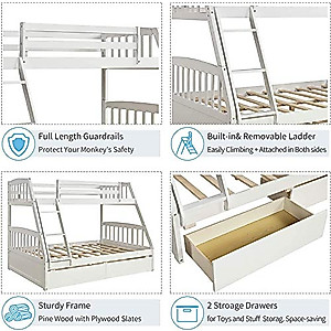U/D Twin Over Full Bunk Bed, Solid Wood Bunk Bed Frame with Two Storage Drawers, Idea for Kids/Teens, No Box Spring Needed (White GYIDQX