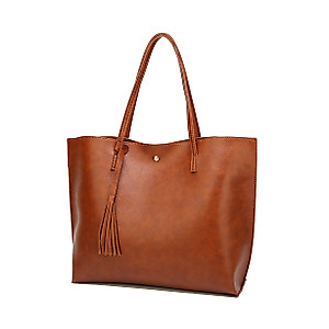 Dreubea Women's Soft Faux Leather Tote Shoulder Bag from, Big Capacity Tassel Handbag Brown New S