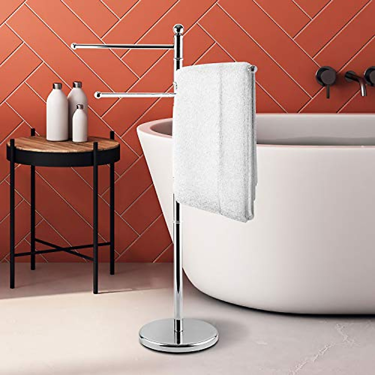 MyGift 40-Inch Silver Metal Freestanding Towel Rack for Bathroom with 3 Swivel Arms