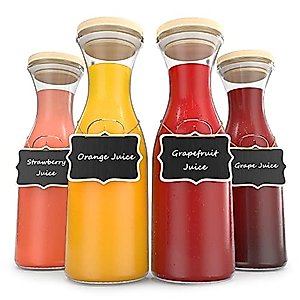 4 Pack Glass Carafe Pitchers with Lid and Tag, 1 Liter Water Iced Tea Beverage Pitcher Set, Milk Juice Container for Refrigerator, Glass Juice Pitcher for Lemonade Drink Brunch Decor Mimosa Bar Party