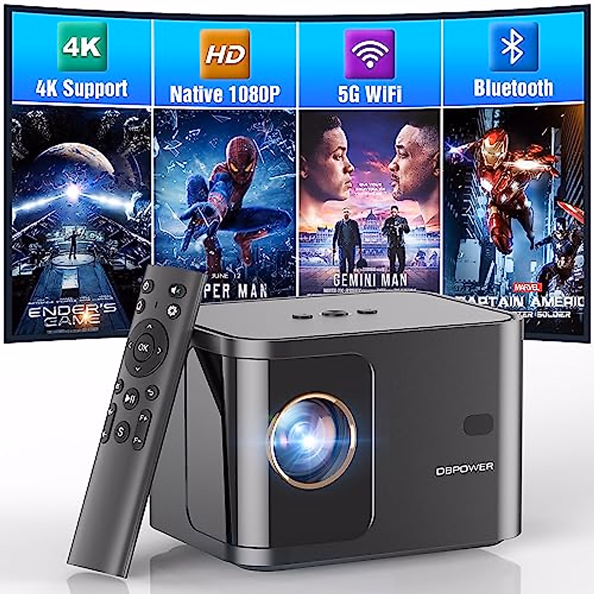 [Electric Focus] 5G WiFi Mini Bluetooth Projector 4K Support, 300 ANSI HD 1080P Portable Video Projector, ±40° Vertical Keystone|Zoom|Timer, DBPOWER Smartphone Projector Outdoor Movie for TV (Grey)