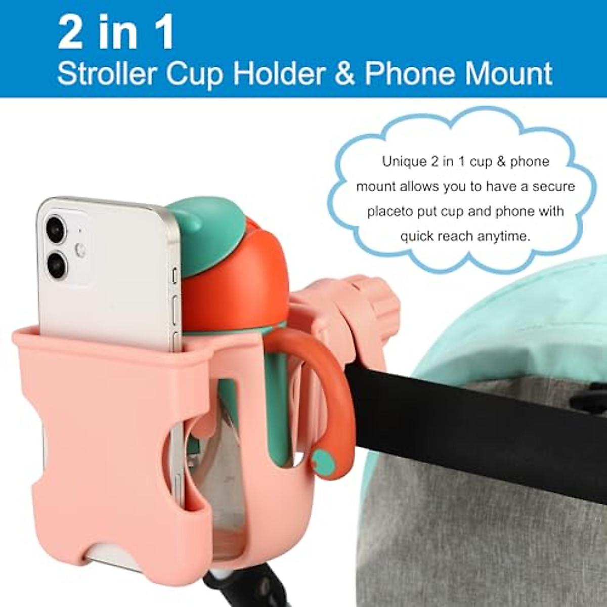 Accmor 2-in-1 Stroller Cup Holder, Universal Cup Holder for Uppababy Nuna Doona Strollers, 360° Rotatable Large Caliber Drinks Holder Cup Holder for Stroller, Bike, Wheelchair, Walker, Scooter