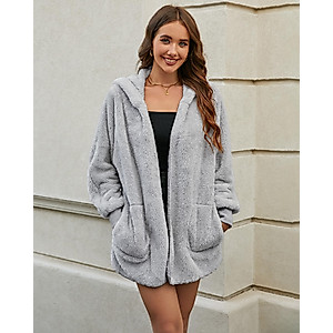 LookbookStore 2024 Winter Coat for Women Fashion Teddy Bear Coat Cardigan Jackets Winter Hoodie Outwear Fashion Winter Coats for Women Light Grey Sherpa Fleece Jacket Women Size M Size 8 10