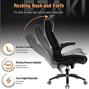 Large High Back Office Chair - Adjustable Lumbar Support Flip Up Arms Heavy Duty Quiet Wheels Metal Base Breathable Bonded Leather Ergonomic Executive Computer Desk Chair with Storage Bags, Black