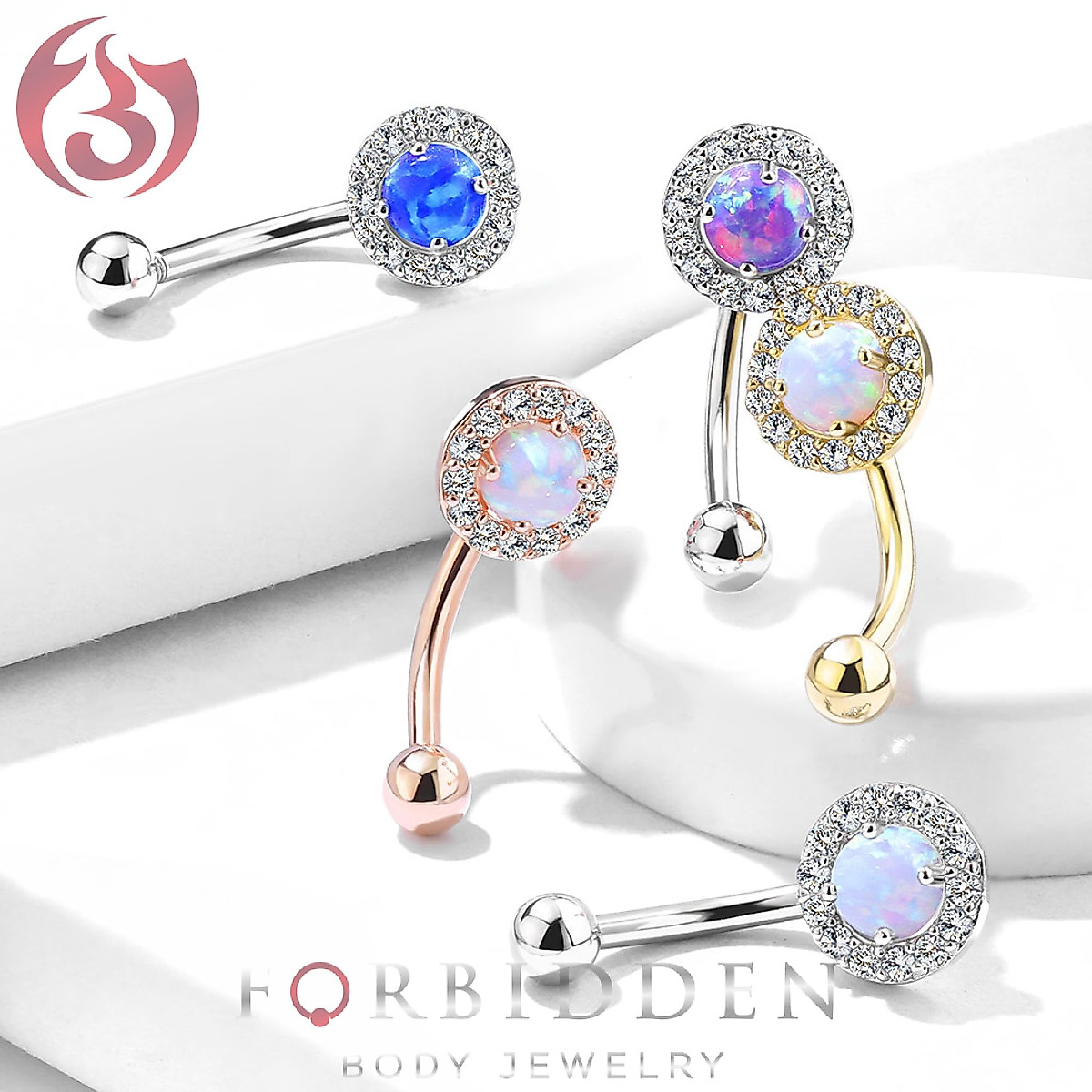 Forbidden Body Jewelry 16g 6mm Curved Barbell for Daith/Eyebrow/Rook/Belly Button w/Round CZ & Opalite Top, Purple