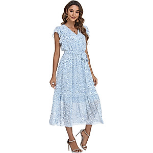 VintageClothing Womens Sundress Casual Floral Summer Boho Dress Flowy Wrap V Neck Ruffle A-Line Pleated Hem Midi Dresses, Floral Light Blue, S