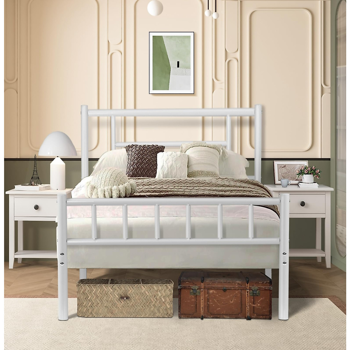 HOMBCK Twin Bed Frame with Headboard & Footboard, Twin Platform Bed Frame with 14 Inch Under-Bed Storage, Heavy Duty Slat Support, No Box Spring Needed, Easy Assembly/White