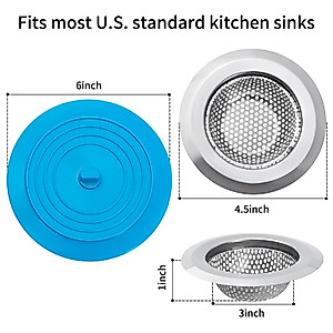 3 Pack Kitchen Sink Strainer Stopper Kit, Universal Silicone Drain Cover, Large Wide Rim 4.5" Stainless Steel Sink Drain Strainer, Food Catcher for Kitchen Sink